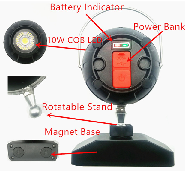 Rotating Magnetic Battery Inspection Lamp , Rechargeable Led Work Lamp ...