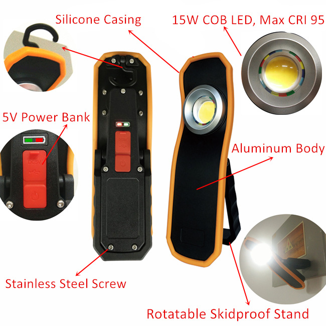 1500 Lumen 15W USB Rechargeable Led Inspection Light , Handheld Work Light